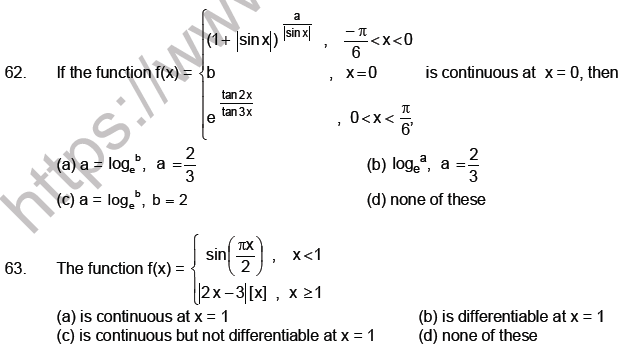 JEE Mathematics Limits Continuity and Differentiability MCQs Set A with Answers